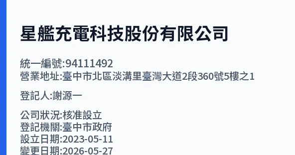 星艦充電科技股份有限公司的照片-統編 94111492(臺中市) 公司登記資料與營業項目詳細圖表