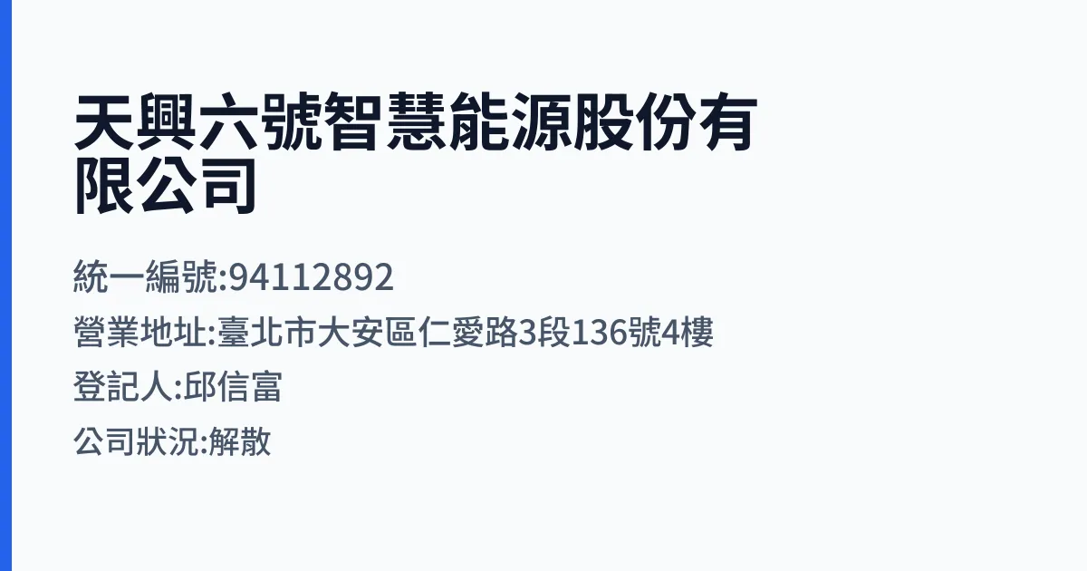 天興六號智慧能源股份有限公司 - 統編 94112892(臺北市) 公司登記資料與營業項目詳細圖表