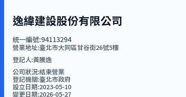 逸緯建設股份有限公司的照片-統編 94113294(臺北市) 公司登記資料與營業項目詳細圖表