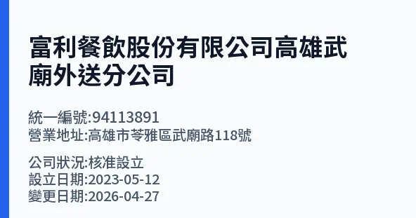富利餐飲股份有限公司高雄武廟外送分公司的照片-統編 94113891(高雄市) 公司登記資料與營業項目詳細圖表