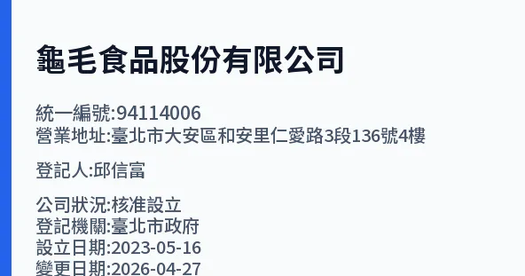龜毛食品股份有限公司的照片-統編 94114006(臺北市) 公司登記資料與營業項目詳細圖表