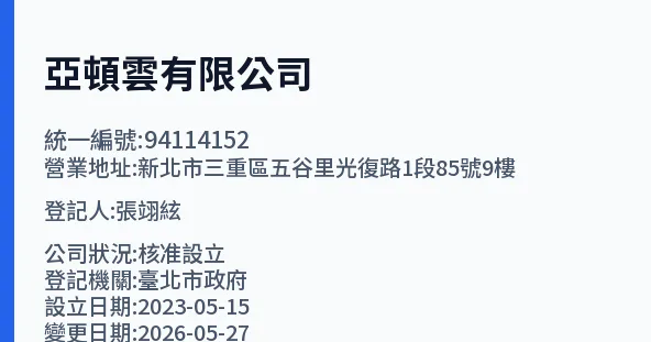 亞頓雲有限公司的照片-統編 94114152(新北市) 公司登記資料與營業項目詳細圖表