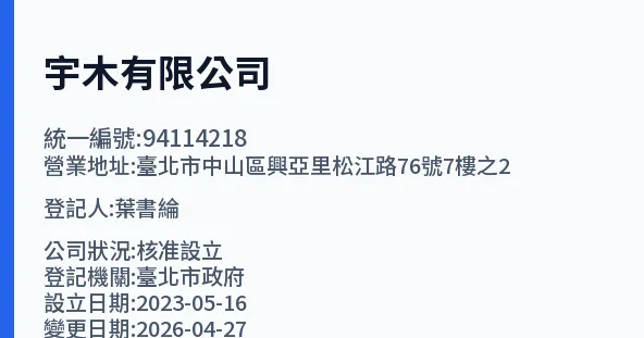 宇木有限公司的照片-統編 94114218(臺北市) 公司登記資料與營業項目詳細圖表