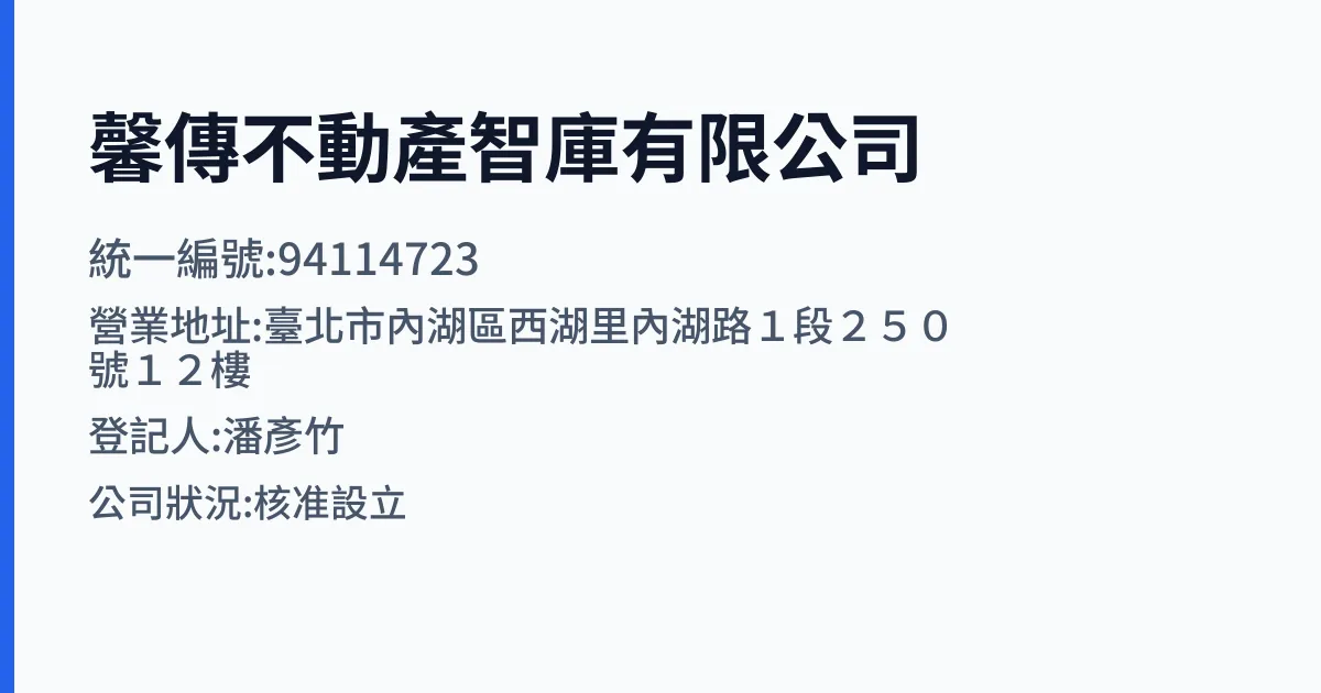 馨傳不動產智庫有限公司 - 統編 94114723(臺北市) 公司登記資料與營業項目詳細圖表