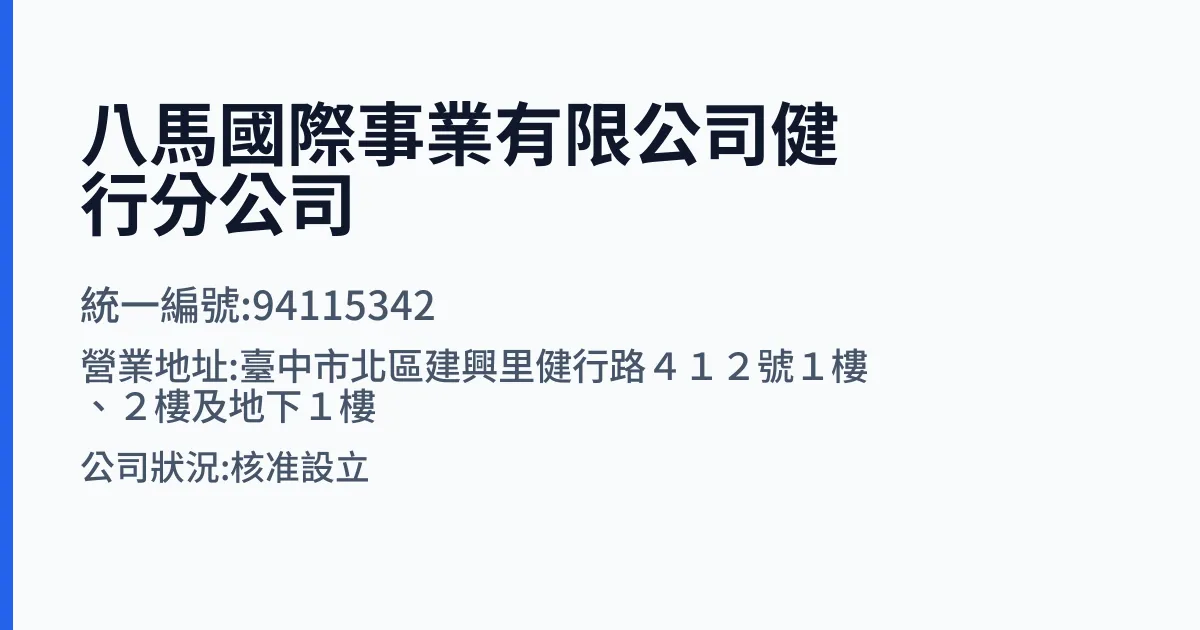 八馬國際事業有限公司健行分公司 - 統編 94115342(臺中市) 公司登記資料與營業項目詳細圖表