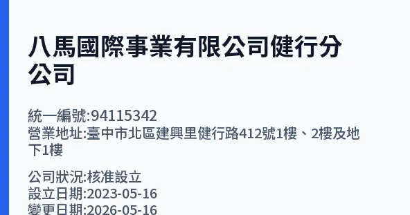 八馬國際事業有限公司健行分公司的照片-統編 94115342(臺中市) 公司登記資料與營業項目詳細圖表