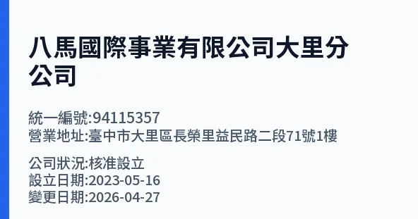 八馬國際事業有限公司大里分公司的照片-統編 94115357(臺中市) 公司登記資料與營業項目詳細圖表
