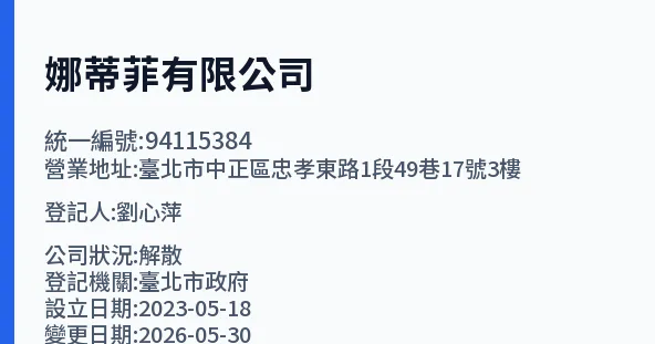娜蒂菲有限公司的照片-統編 94115384(臺北市) 公司登記資料與營業項目詳細圖表