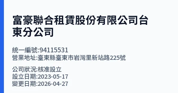 富豪聯合租賃股份有限公司台東分公司的照片-統編 94115531(臺東縣) 公司登記資料與營業項目詳細圖表