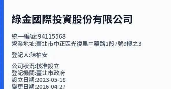 綠金國際投資股份有限公司的照片-統編 94115568(臺北市) 公司登記資料與營業項目詳細圖表