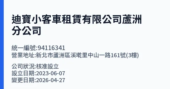 迪寶小客車租賃有限公司蘆洲分公司的照片-統編 94116341(新北市) 公司登記資料與營業項目詳細圖表