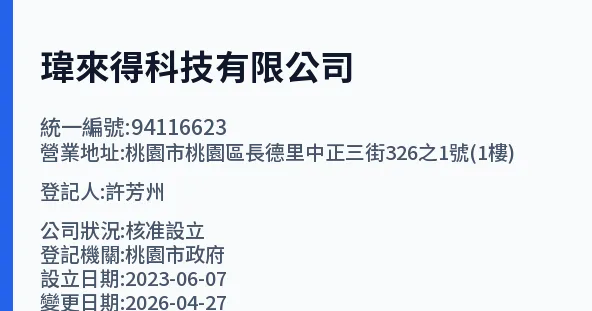 瑋來得科技有限公司的照片-統編 94116623(桃園市) 公司登記資料與營業項目詳細圖表