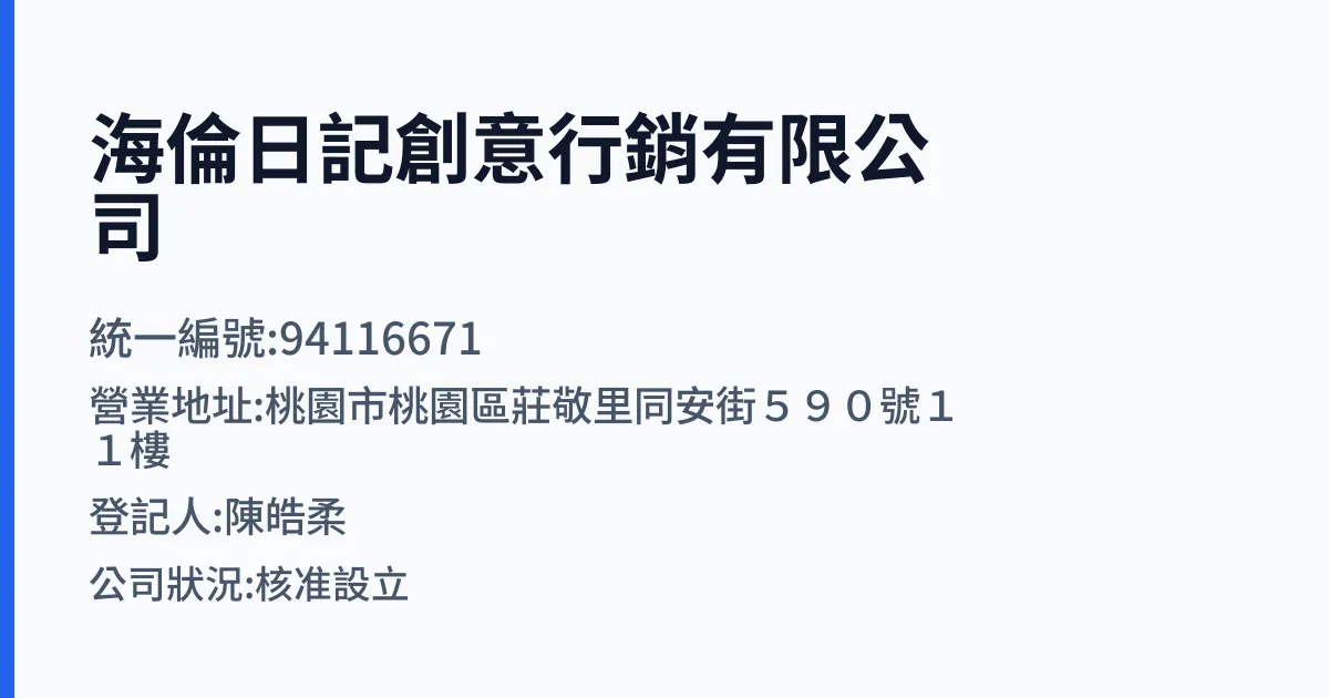 海倫日記創意行銷有限公司 - 統編 94116671(桃園市) 公司登記資料與營業項目詳細圖表