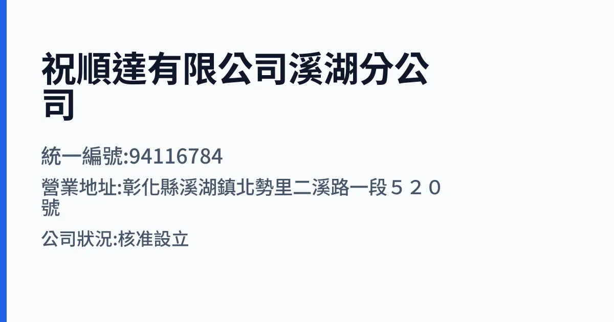 祝順達有限公司溪湖分公司 - 統編 94116784(彰化縣) 公司登記資料與營業項目詳細圖表