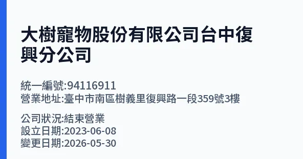 大樹寵物股份有限公司台中復興分公司的照片-統編 94116911(臺中市) 公司登記資料與營業項目詳細圖表