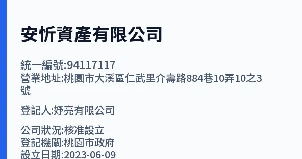 安忻資產有限公司的照片-統編 94117117(桃園市) 公司登記資料與營業項目詳細圖表