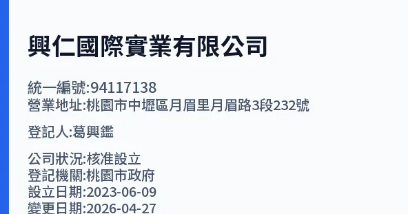 興仁國際實業有限公司的照片-統編 94117138(桃園市) 公司登記資料與營業項目詳細圖表