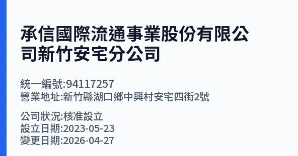 承信國際流通事業股份有限公司新竹安宅分公司的照片-統編 94117257(新竹縣) 公司登記資料與營業項目詳細圖表