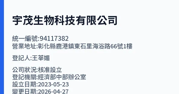 宇茂生物科技有限公司的照片-統編 94117382(彰化縣) 公司登記資料與營業項目詳細圖表
