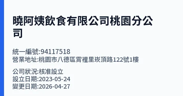 曉阿姨飲食有限公司桃園分公司的照片-統編 94117518(桃園市) 公司登記資料與營業項目詳細圖表