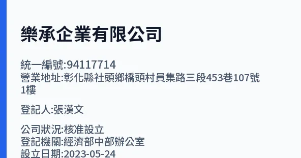 樂承企業有限公司的照片-統編 94117714(彰化縣) 公司登記資料與營業項目詳細圖表