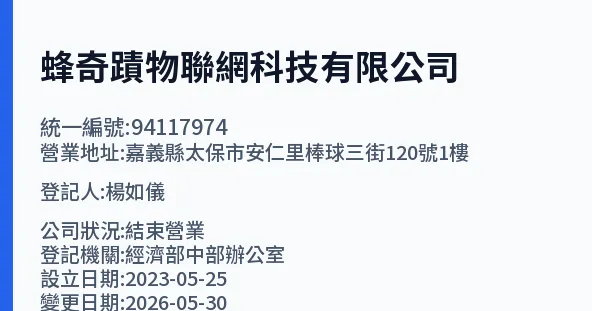 蜂奇蹟物聯網科技有限公司的照片-統編 94117974(嘉義縣) 公司登記資料與營業項目詳細圖表