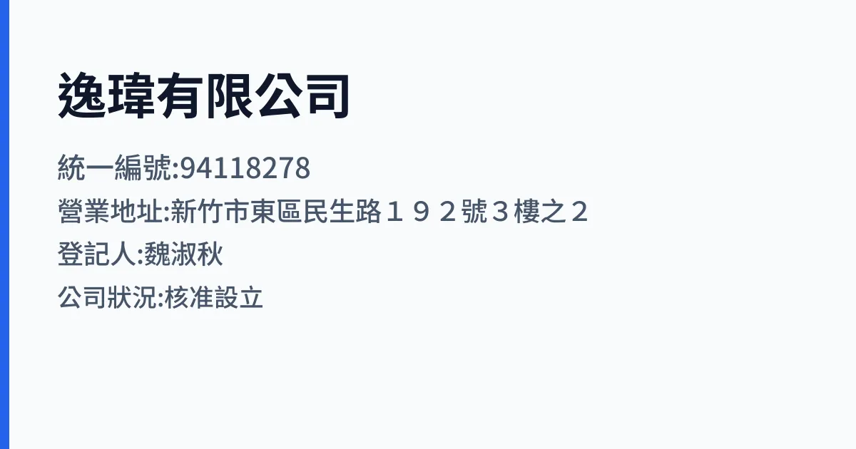 逸瑋有限公司 - 統編 94118278 (新竹市) 公司登記資料與營業項目詳細圖表
