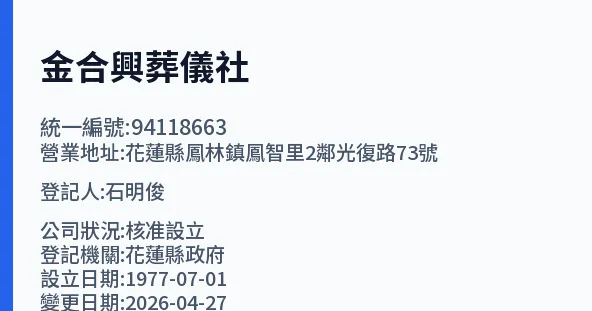 金合興葬儀社的照片-統編 94118663(花蓮縣) 公司登記資料與營業項目詳細圖表