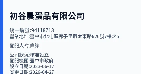 初谷晨蛋品有限公司的照片-統編 94118713(臺中市) 公司登記資料與營業項目詳細圖表
