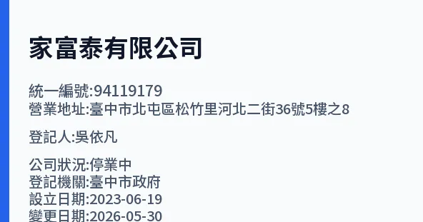 家富泰有限公司的照片-統編 94119179(臺中市) 公司登記資料與營業項目詳細圖表