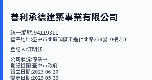 善利承德建築事業有限公司的照片-統編 94119311(臺中市) 公司登記資料與營業項目詳細圖表