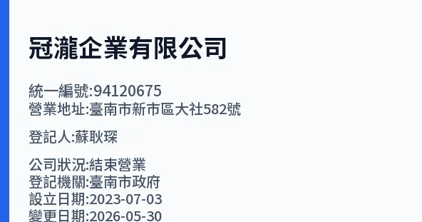 冠瀧企業有限公司的照片-統編 94120675(臺南市) 公司登記資料與營業項目詳細圖表