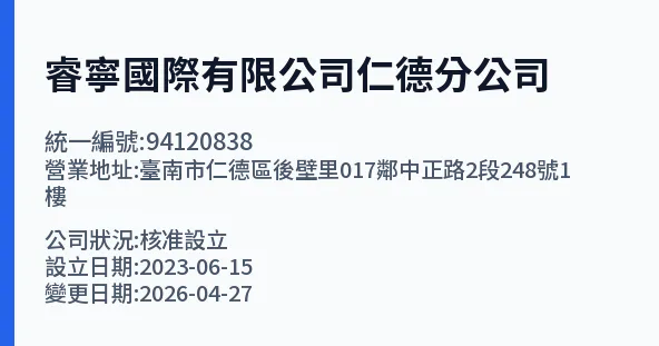 睿寧國際有限公司仁德分公司的照片-統編 94120838(臺南市) 公司登記資料與營業項目詳細圖表