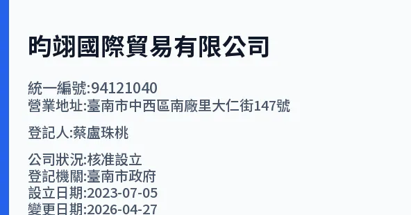 昀翊國際貿易有限公司的照片-統編 94121040(臺南市) 公司登記資料與營業項目詳細圖表