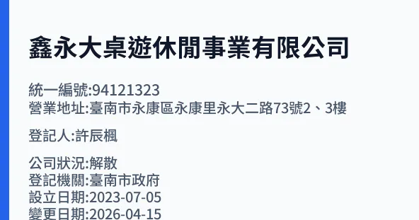 鑫永大桌遊休閒事業有限公司的照片-統編 94121323(臺南市) 公司登記資料與營業項目詳細圖表