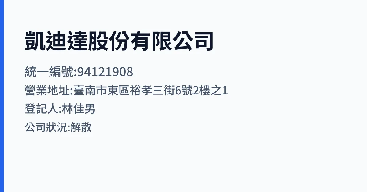 凱迪達股份有限公司 - 統編 94121908(臺南市) 公司登記資料與營業項目詳細圖表
