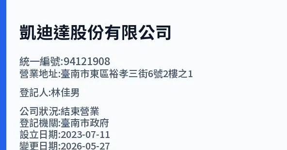 凱迪達股份有限公司的照片-統編 94121908(臺南市) 公司登記資料與營業項目詳細圖表