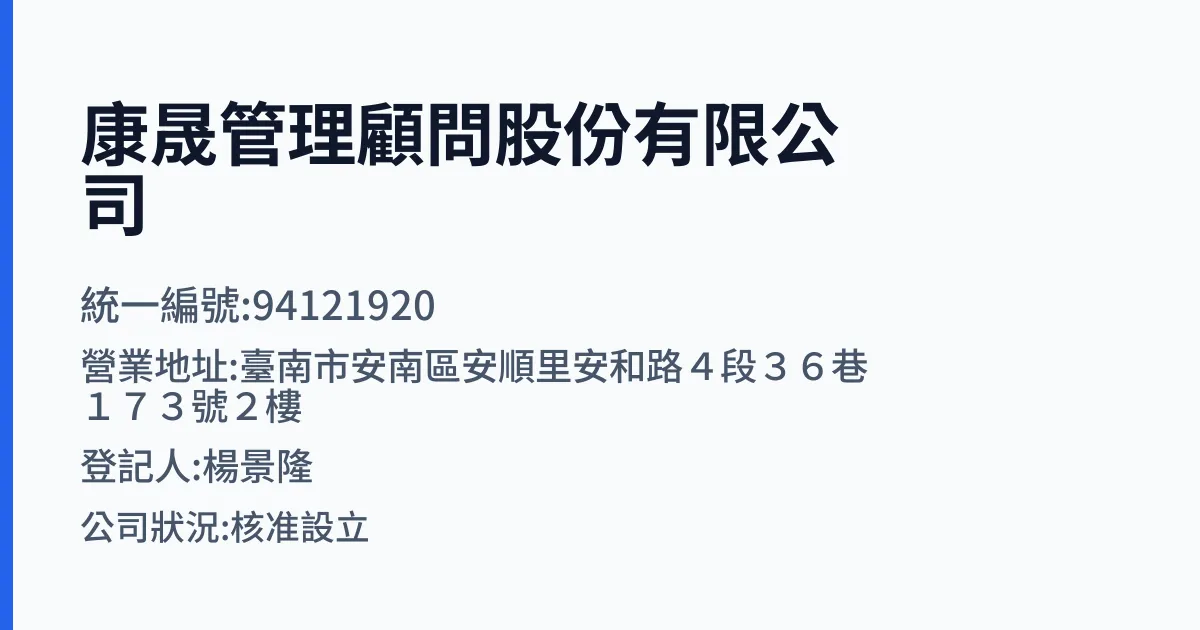 康晟管理顧問股份有限公司 - 統編 94121920(臺南市) 公司登記資料與營業項目詳細圖表