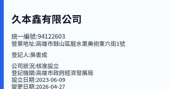 久本鑫有限公司的照片-統編 94122603(高雄市) 公司登記資料與營業項目詳細圖表