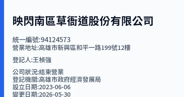 映閃南區草衙道股份有限公司的照片-統編 94124573(高雄市) 公司登記資料與營業項目詳細圖表