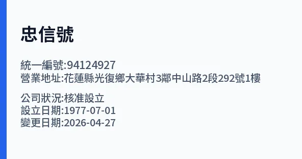 忠信號的照片-統編 94124927(花蓮縣) 公司登記資料與營業項目詳細圖表
