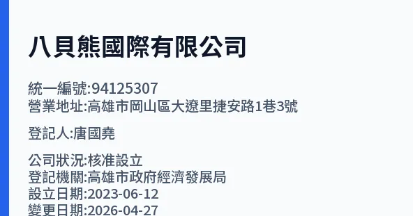 八貝熊國際有限公司的照片-統編 94125307(高雄市) 公司登記資料與營業項目詳細圖表