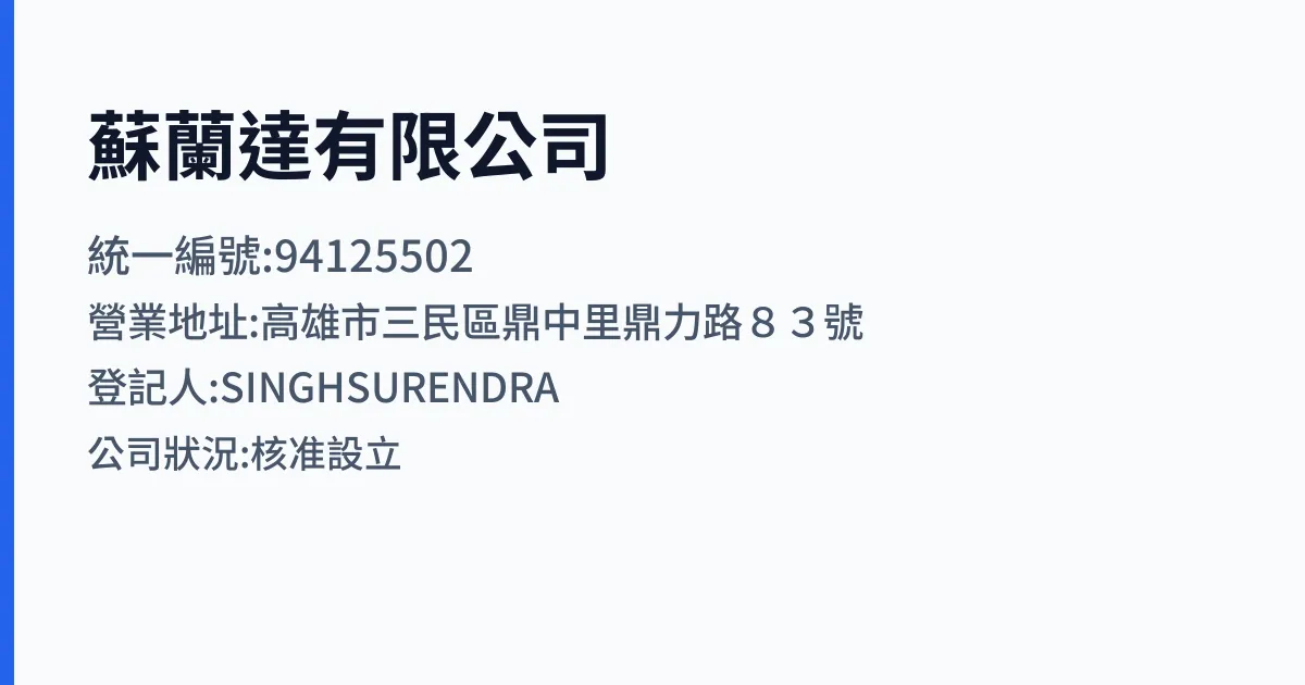 蘇蘭達有限公司 - 統編 94125502(高雄市) 公司登記資料與營業項目詳細圖表