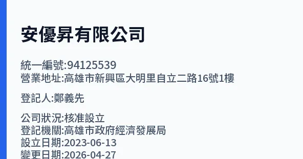 安優昇有限公司的照片-統編 94125539(高雄市) 公司登記資料與營業項目詳細圖表