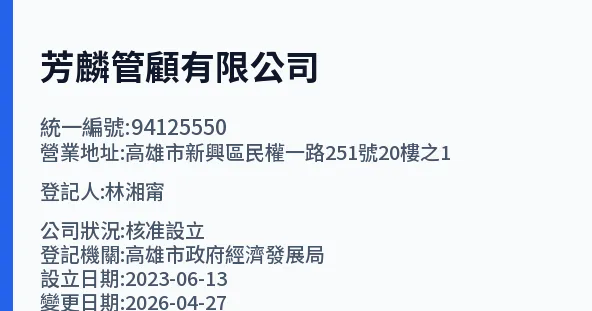 芳麟管顧有限公司的照片-統編 94125550(高雄市) 公司登記資料與營業項目詳細圖表