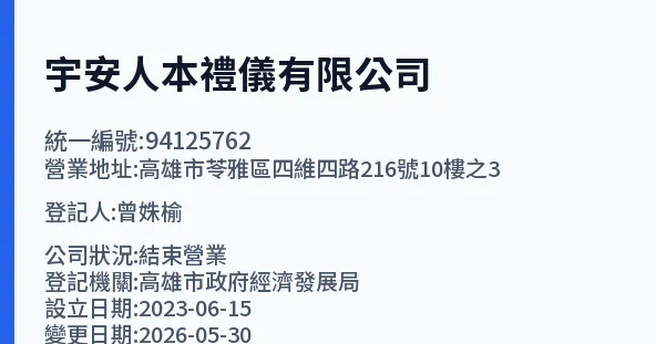 宇安人本禮儀有限公司的照片-統編 94125762(高雄市) 公司登記資料與營業項目詳細圖表