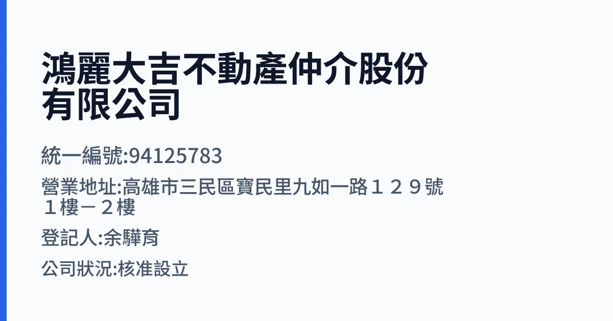 鴻麗大吉不動產仲介股份有限公司 - 統編 94125783(高雄市) 公司登記資料與營業項目詳細圖表
