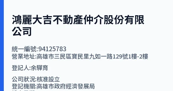 鴻麗大吉不動產仲介股份有限公司的照片-統編 94125783(高雄市) 公司登記資料與營業項目詳細圖表