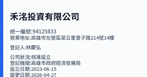 禾洺投資有限公司的照片-統編 94125833(高雄市) 公司登記資料與營業項目詳細圖表