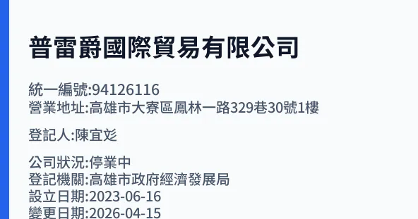 普雷爵國際貿易有限公司的照片-統編 94126116(高雄市) 公司登記資料與營業項目詳細圖表